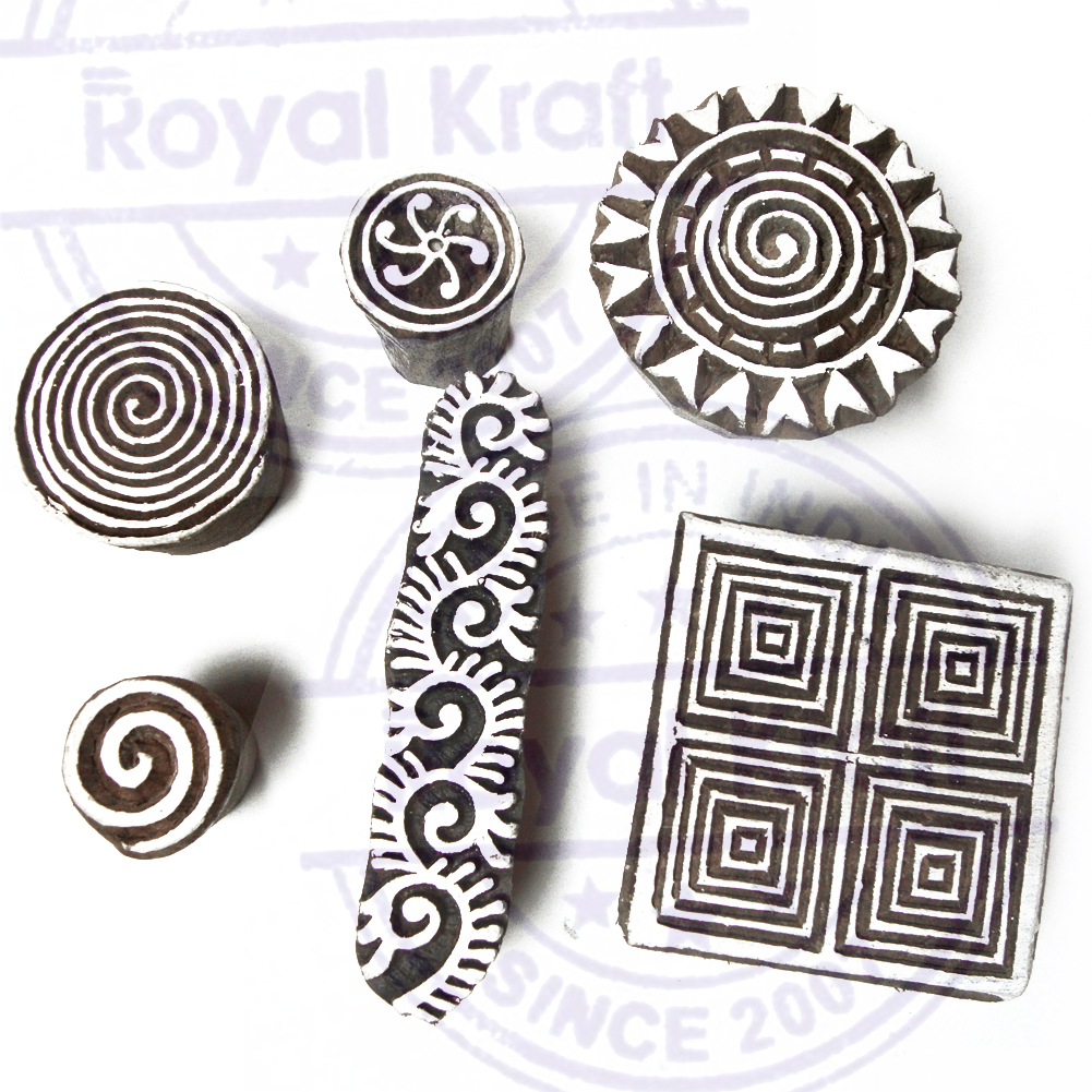(Set of 6) Elegant Spiral and Floral Pattern Wood Block Print Stamps ...