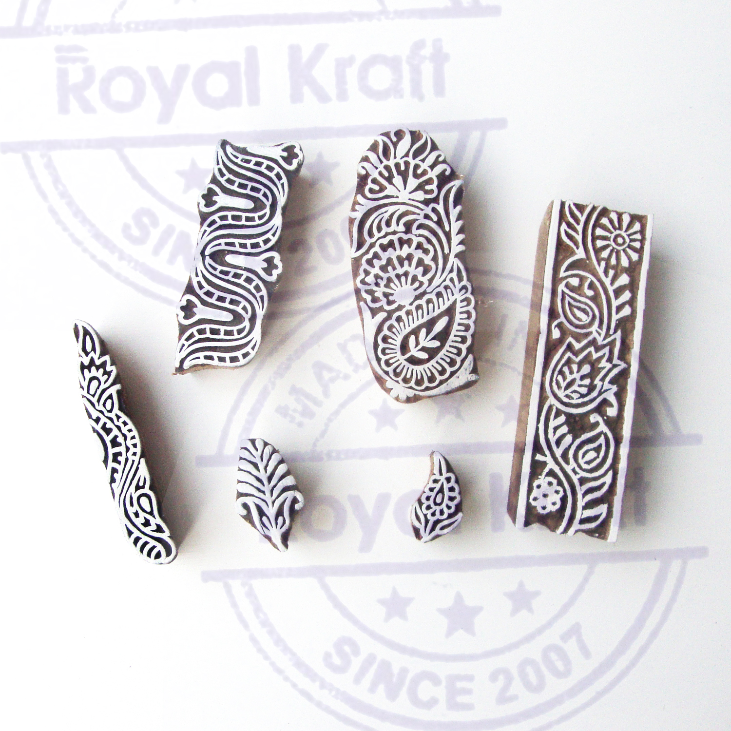 (Set of 6) Border and Flower Indian Designs Wooden Block Stamps - Royal ...
